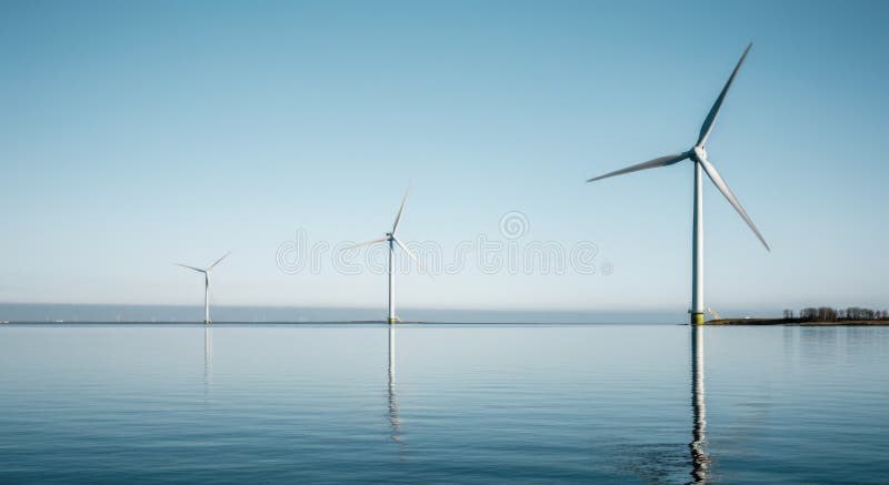Offshore Wind Turbines on Calm Sea with Clear Blue Sky Stock Image ...