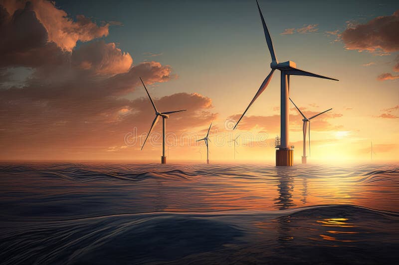 Offshore Wind Turbines in a Calm Sea at Sunset. Ai Generated ...
