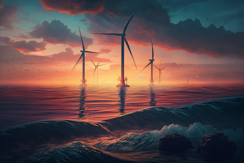 Offshore Wind Turbines in a Calm Sea at Sunset. Ai Generated ...