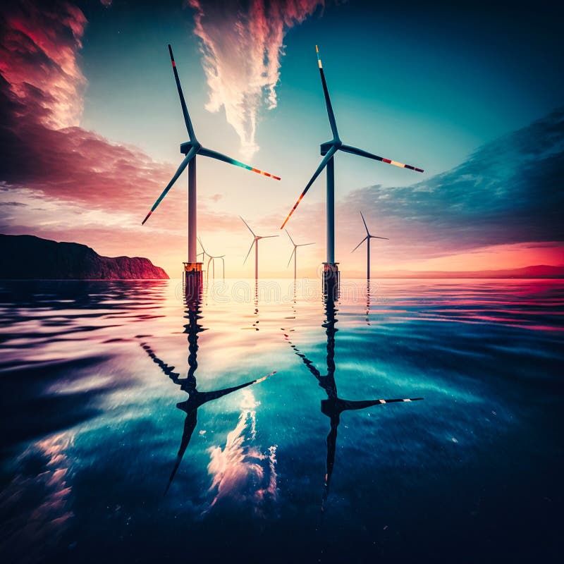 Offshore Wind Turbines in a Calm Sea at Sunset, Generative AI Stock ...