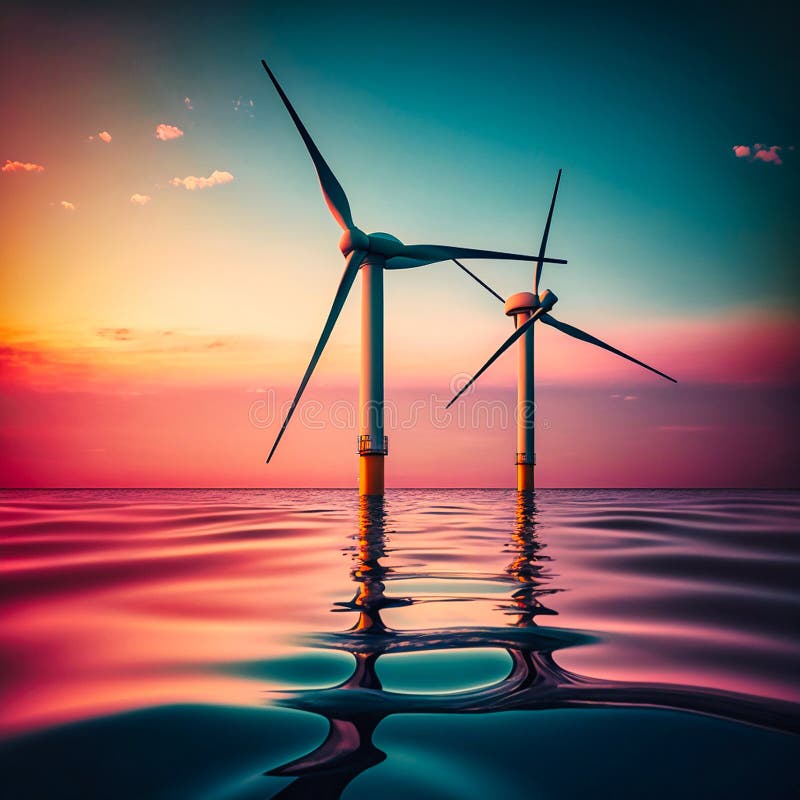 Offshore Wind Turbines in a Calm Sea at Sunset, Generative AI Stock ...