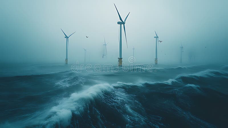 Offshore Wind Turbines Endure a Fierce Storm at Sea Stock Illustration ...