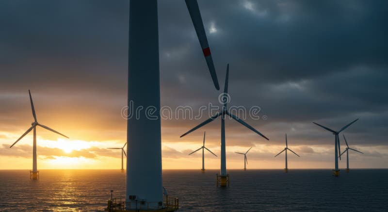 Offshore Wind Turbines at Sunset Stock Illustration - Illustration of ...