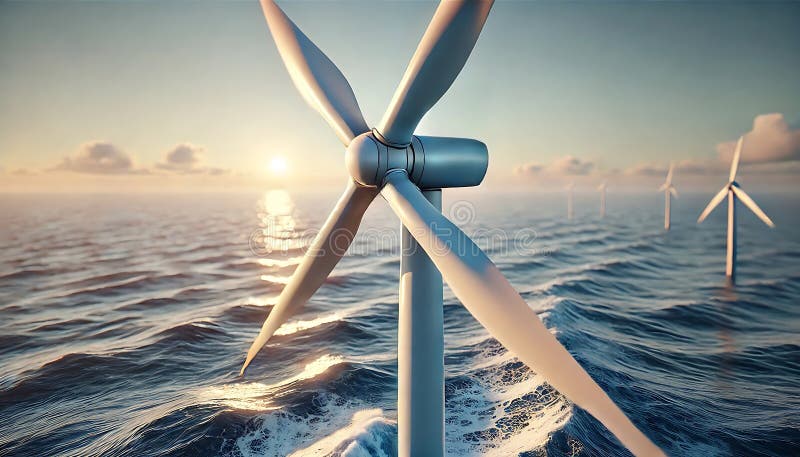 Offshore Wind Turbines at Sunset Over Rolling Ocean Waves Stock ...