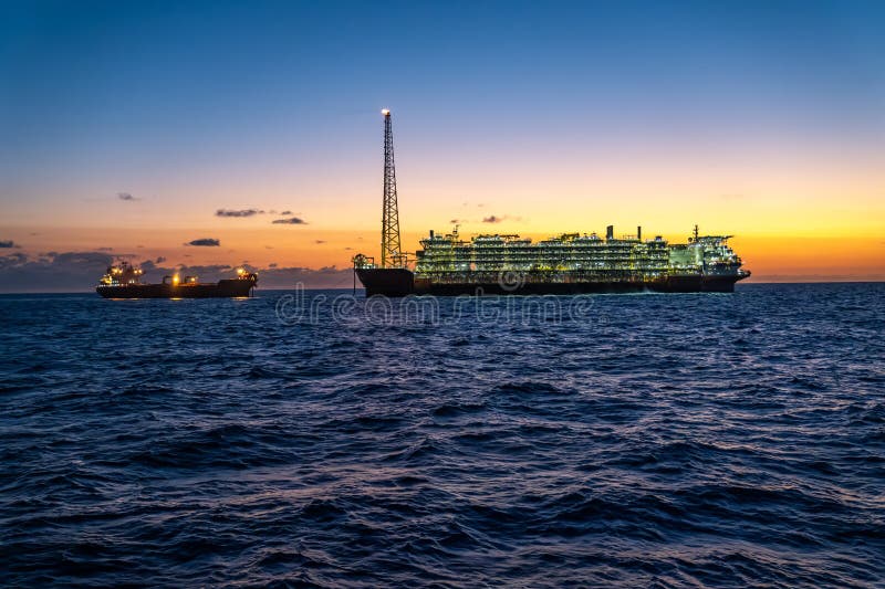 Offshore Work Area, Ships, Towers, and FPSO. Beautiful Sunset at Sea ...
