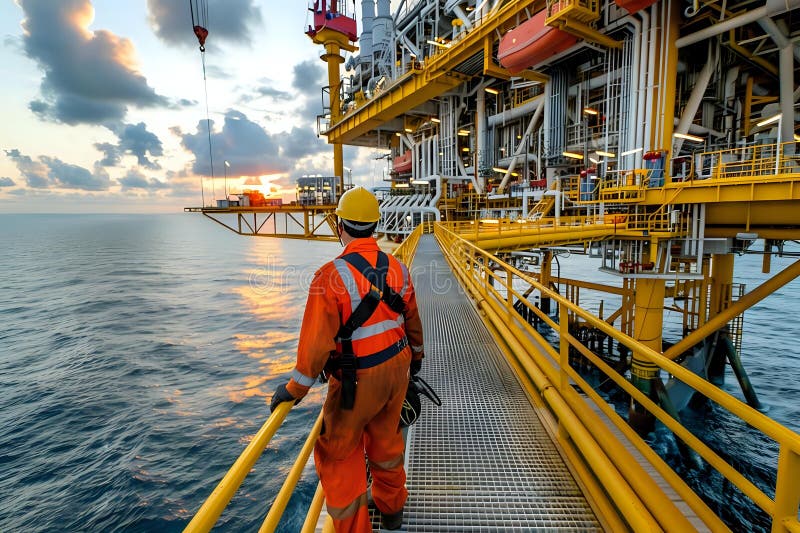 Offshore Worker Walks Platform, Surveys Ocean at Sunset: Industrial ...