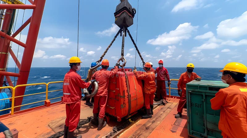 Offshore Workers Handling Container Cargo Secured by Crane on Ship S ...