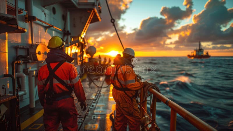 Offshore Workers on Oil Rig at Sunset. Generative Ai Stock Illustration ...