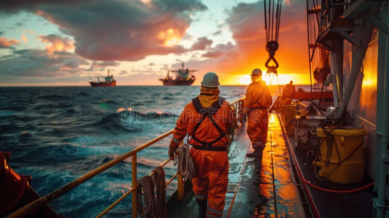 Offshore Workers on Oil Rig at Sunset. Generative Ai Stock Illustration ...