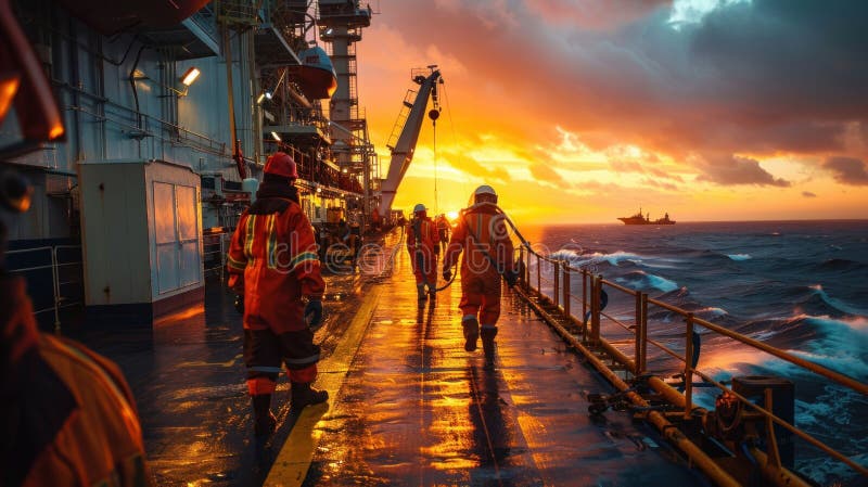 Offshore Workers on Oil Rig at Sunset. Generative Ai Stock Illustration ...
