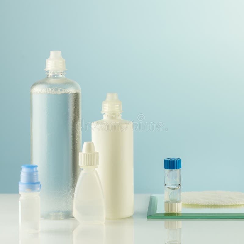 Contact Lenses, Eye Drops and Bottles with Clean Solution Stock Image ...
