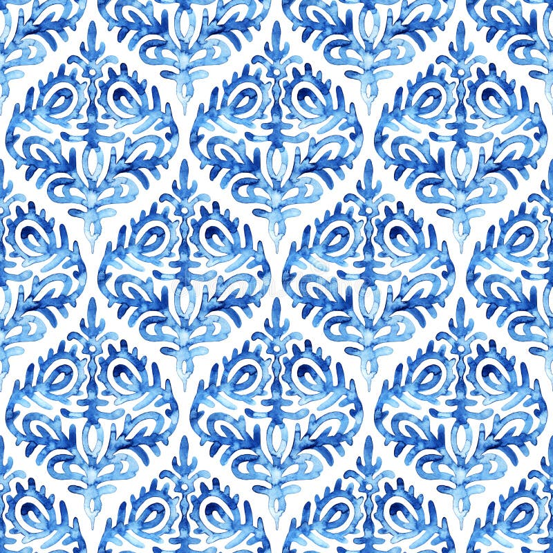 Ogee Seamless Pattern. White and Blue Watercolor Illustration. Print ...
