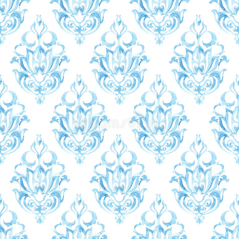 Ogee Seamless Pattern. White and Blue Watercolor Illustration. Print ...