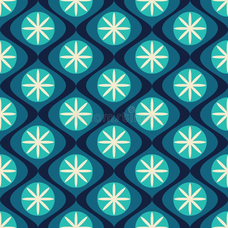 Ogee Wavy Floral 70s Turquoise Blue Seamless Pattern Design ...