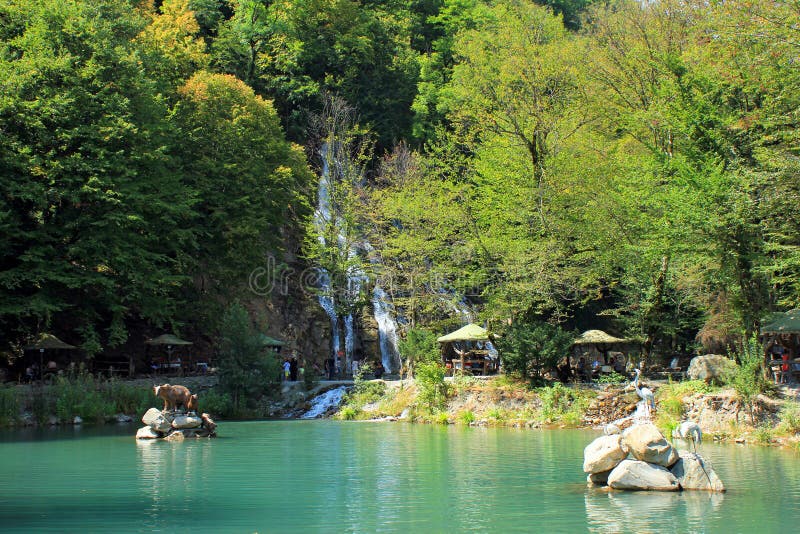 Oguz. Azerbaijan. 08.26.2017. People Next To a Waterfall in the ...