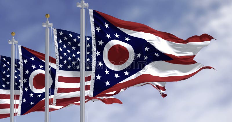 Ohio and National US Flags Waving in the Wind on a Clear Day Stock ...