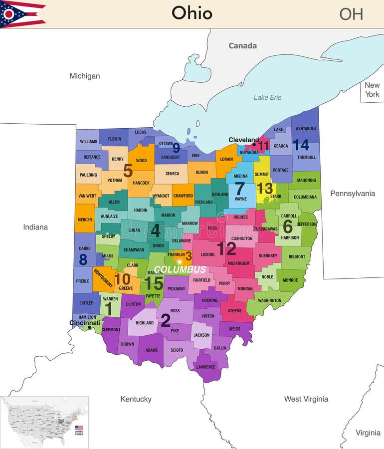 Ohio State Map with Counties Borders and Colored Congressional ...