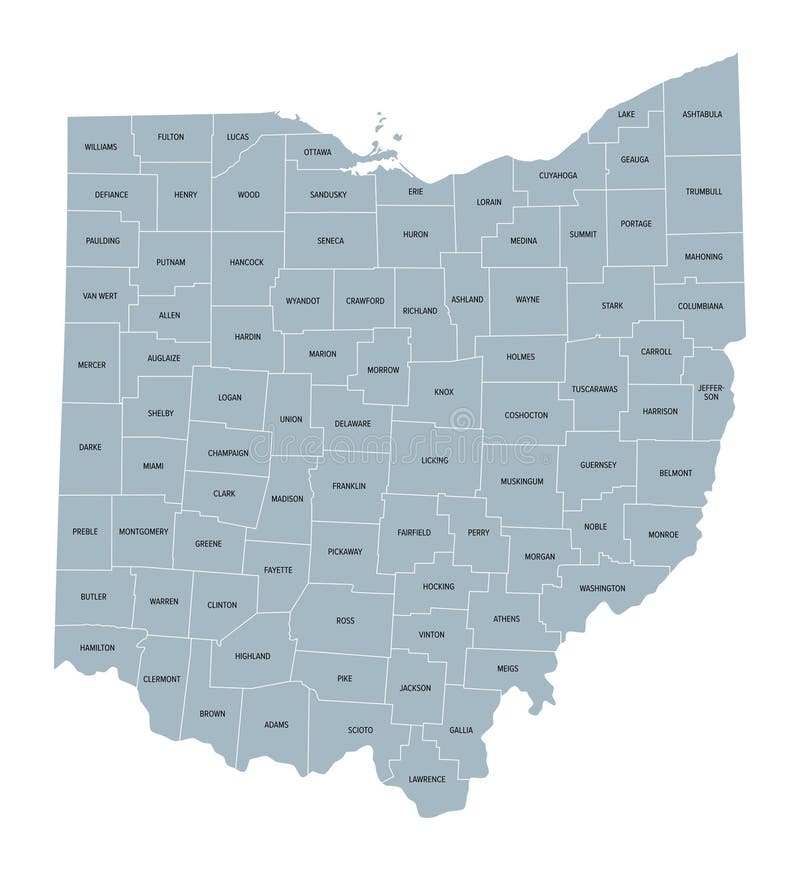 Ohio, U.S. State Subdivided into 88 Counties, Gray Political Map Stock ...