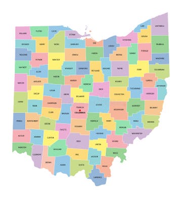 Ohio, U.S. State, Subdivided into 88 Counties, Multi Colored Map Stock ...