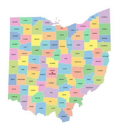 Ohio, U.S. State, Subdivided into 88 Counties, Multi Colored Map Stock ...