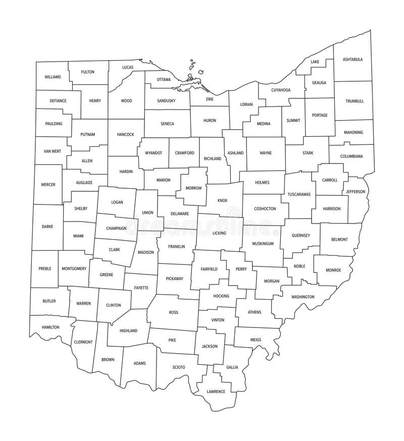State of Ohio Subdivided into 88 Counties, Outline Map Stock ...