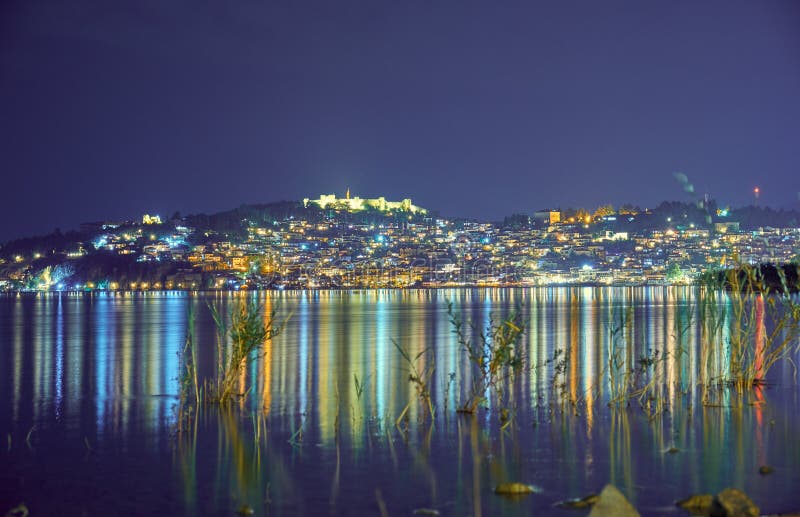 Ohrid, Macedonia at night stock image. Image of nighttime - 155732817