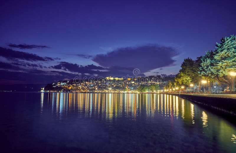 Ohrid, Macedonia at night stock photo. Image of night - 155733702