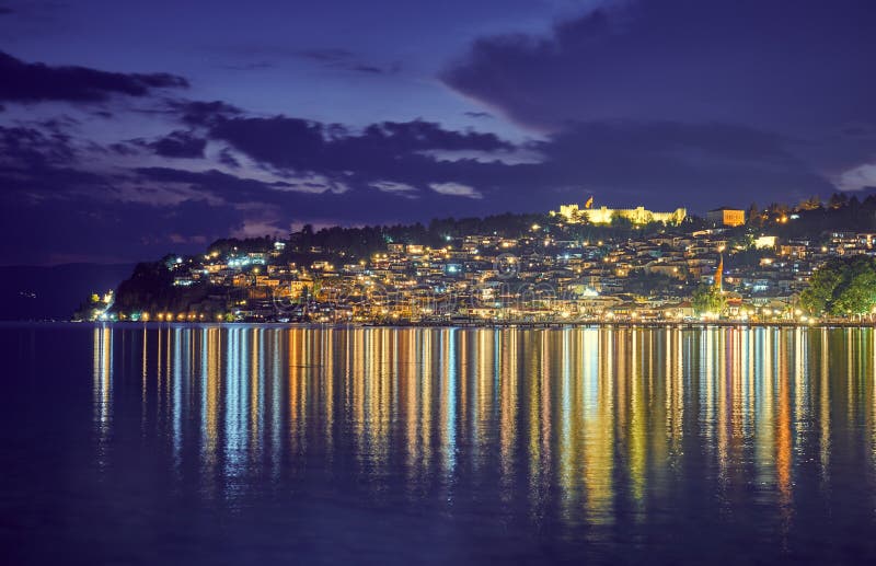 Ohrid, Macedonia at night stock image. Image of coast - 155732631