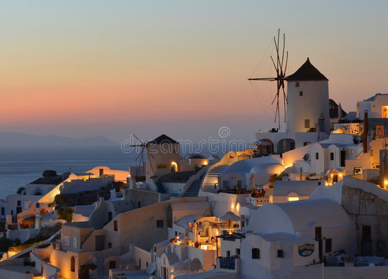 Oia Sunset, Santorini Island, Greece Stock Image - Image of windmill ...