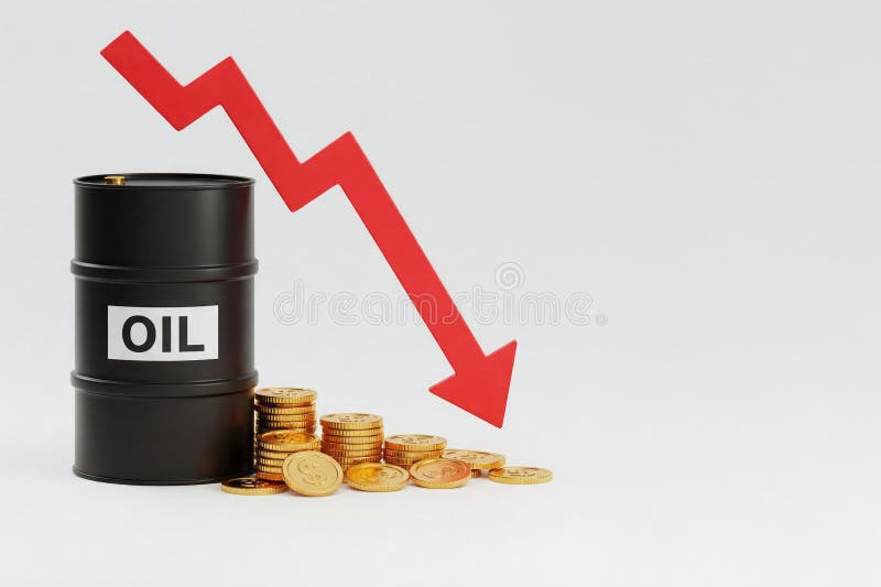 An Oil Barrel, Coins and a Falling Red Arrow. Space for Text. Stock ...