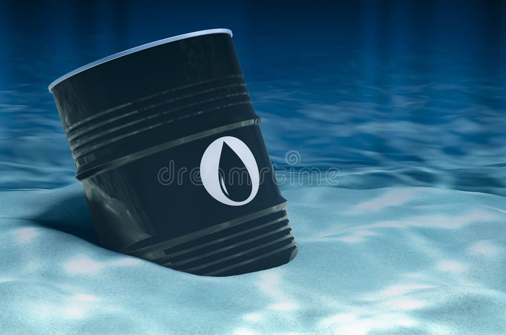 Oil Barrel on Ocean Bottom Underwater, 3D Rendering Stock Illustration ...