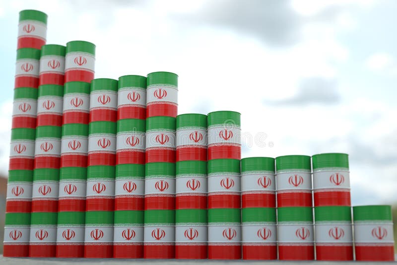 Oil Barrels with Flag of Iran Form Downward Trend. Petroleum Industry ... Oil Barrels with Flag of Iran Form Downward Trend. Petroleum Industry ...