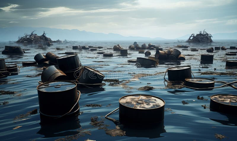 Oil Barrels Floating in a Sea of Black Crude Oil. Environment Concept ...