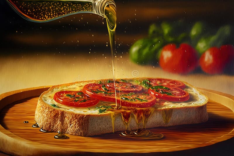 Oil Being Applied on Bread Slices on a Wooden Dish, Closeup Stock ...
