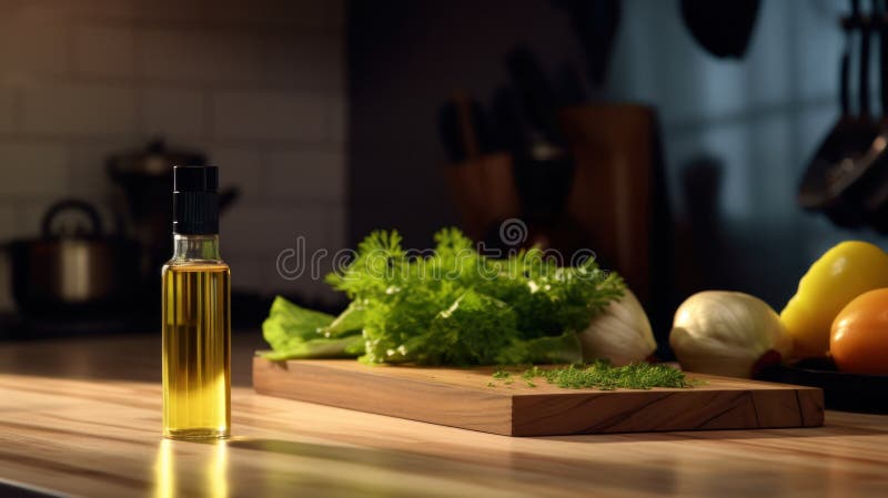 Oil Bottle on the Counter Next To Lettuce Stock Image - Image of ...