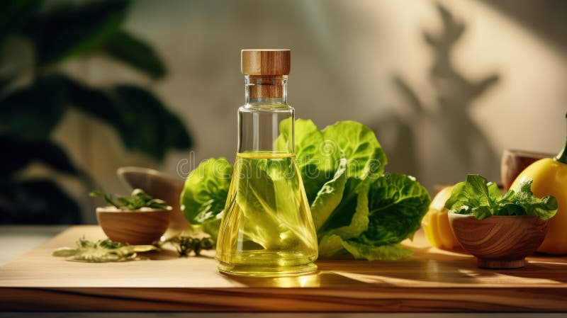 Oil Bottle on the Counter Next To Lettuce Stock Photo - Image of ...