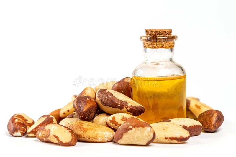 Oil Bottle and Pile of Brazil Nuts on White Stock Image - Image of ...