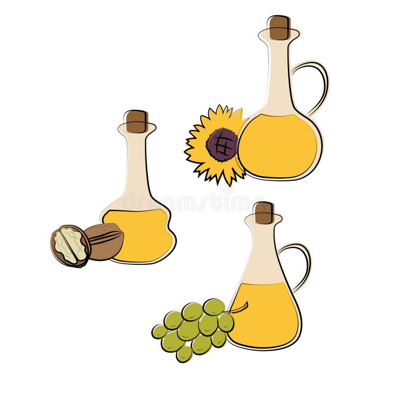 Oil Bottle Set. Sunflower Walnut Peanut Grape Seed Icon Stock Vector ...