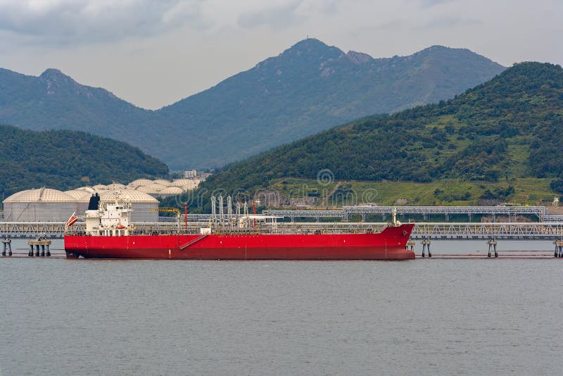 Oil/chemical Tanker in Front of Shore Terminal. Stock Photo - Image of ...