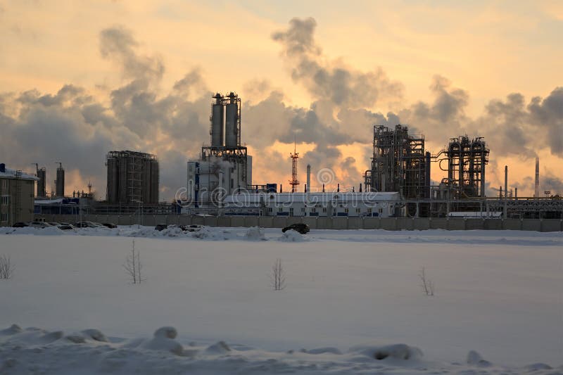 Oil Refinery in Winter Landscape Stock Photo - Image of complex ...