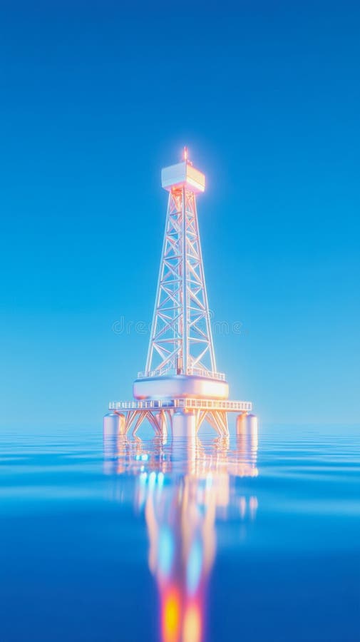 An Oil Derrick Stands Tall Above Calm Waters during Twilight Hours ...