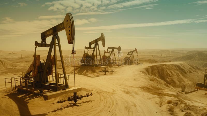 The Oil Drilling Derricks Operate Efficiently in the Desert, Extracting ...