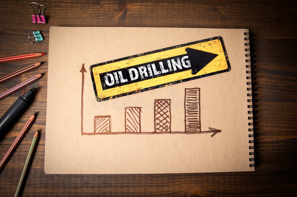Oil Drilling. Pointer Arrow and Development Chart on Wooden Texture ...