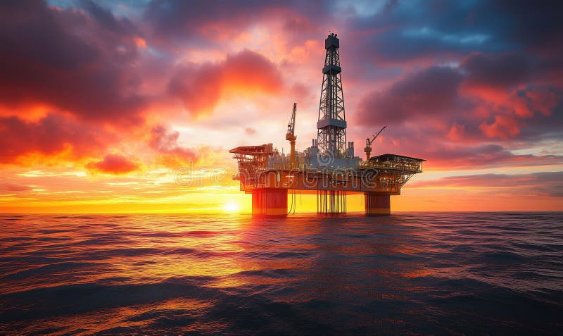 Oil Drilling Rig at Sunset Over Calm Ocean Waters with Dramatic Sky ...