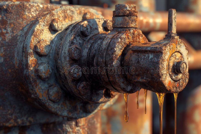 Oil Drips Steadily from a Rusty Valve Located on a Drilling Rig ...
