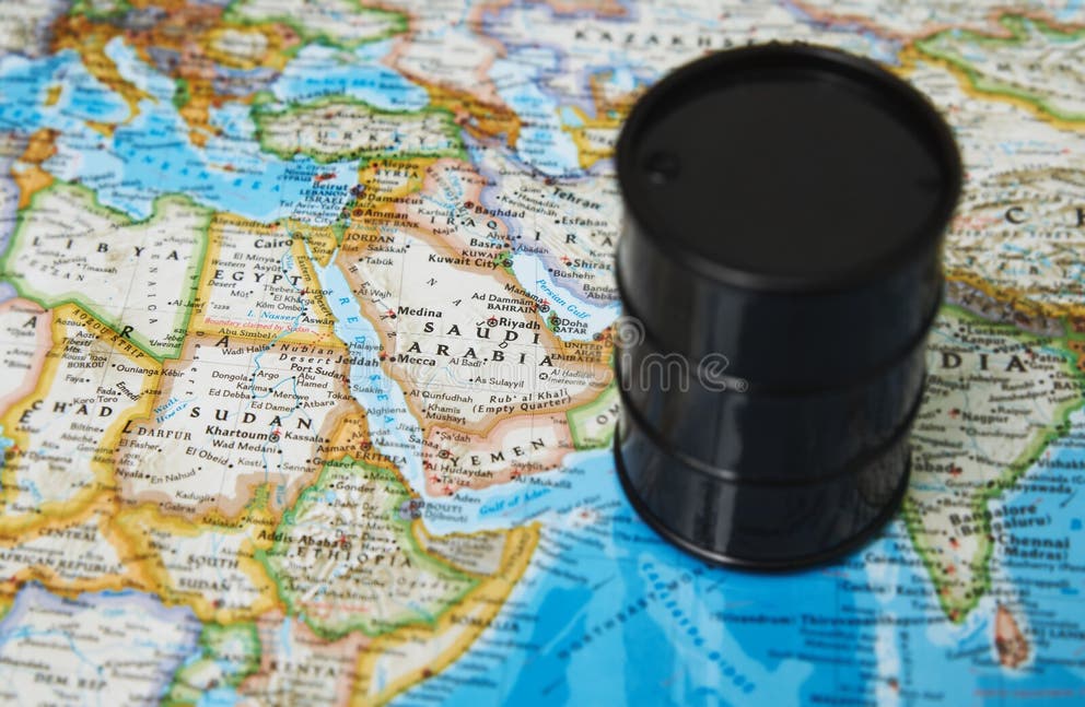 Oil Drum with Crude Petroleum Standing on a Map Stock Image - Image of ...