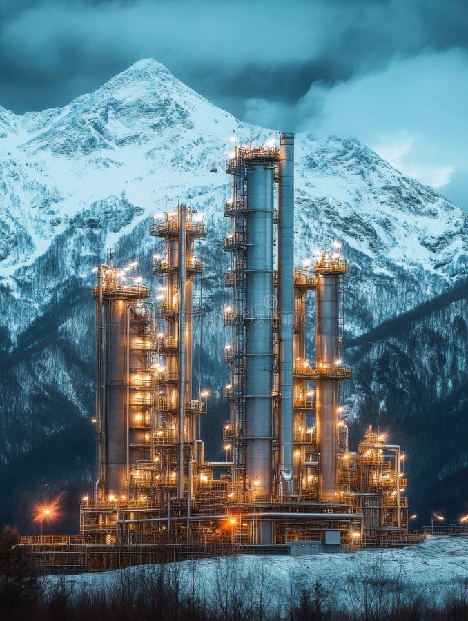 Oil Extraction Setup Illuminated in the Mountains during Twilight Hours ...