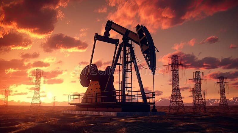 Oil Field Site, in the Evening, Oil Pumps are Running Stock ...