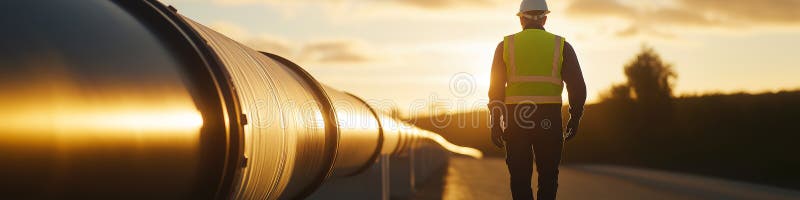 Infrastructure Worker Walking Along a Pipeline at Sunset. Oil and Gas ...