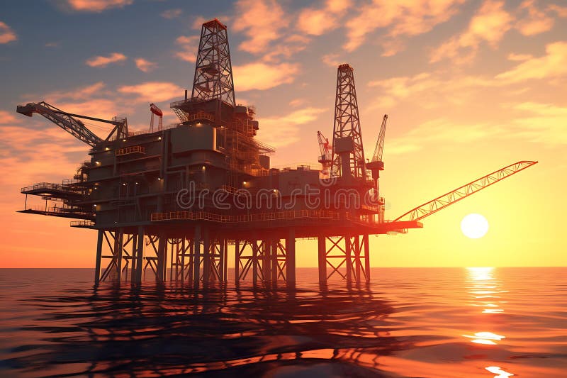 Oil and Gas Platform in the Sea at Sunset. 3d Render Stock Illustration ...
